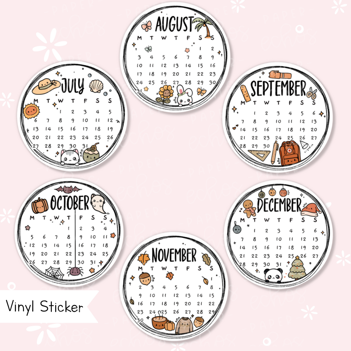 2026 Calendar Vinyl Die Cut Sticker Set - 12 Months / DT005 | PaperEchos